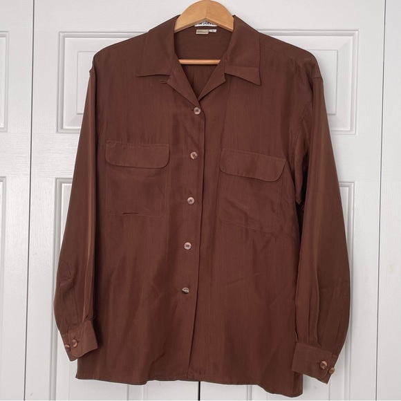 Tops | Silk Brown Button Up Blouse | Poshmark